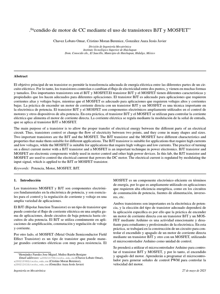 Proyecto U1 Manejo Carga BJT MOSFET | PDF | Transistor | Transistor de ...