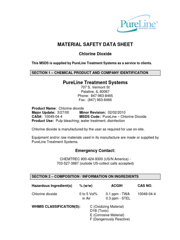 MSDS Chlorine Dioxide Purelinetreatmentsystems | PDF | Chlorine | Waste