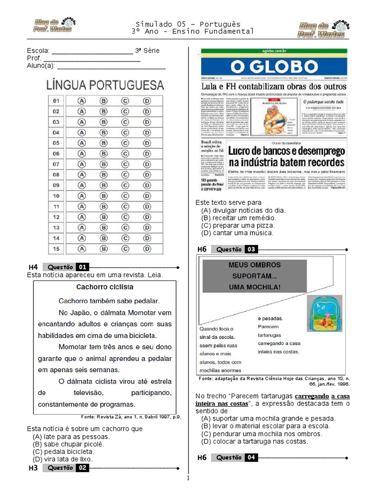 Simulado 05 (L. P - 3º Ano) - Blog Do Prof. Warles | PDF | Mochila