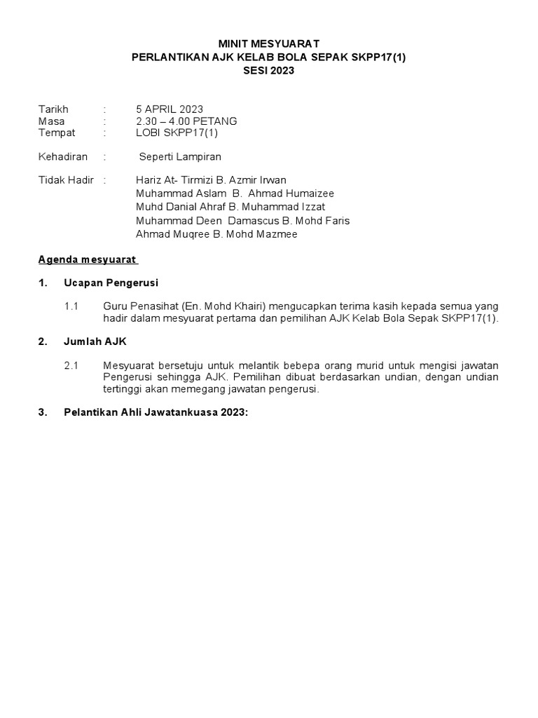 Contoh Minit Mesyuarat Ajk Bola Sepak | PDF