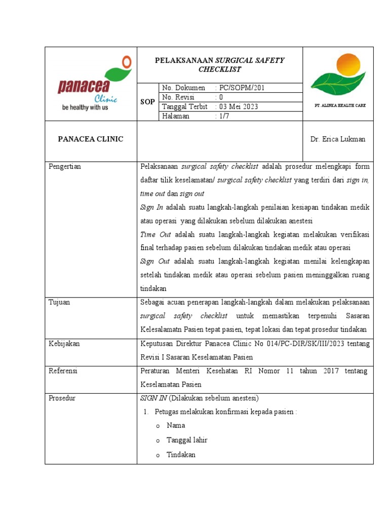 2.2.5.1 Sop Pelaksanaan Surgical Safety Checklist - Edit | PDF