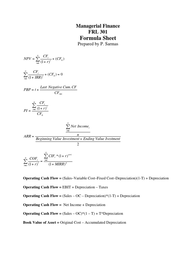 Formula Sheet: Managerial Finance FRL 301 | PDF