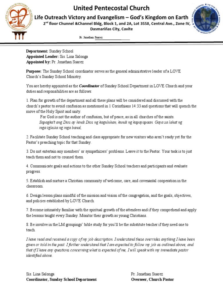 Sunday School Coordinator Job Duties | PDF | Pentecostalism | Pastor