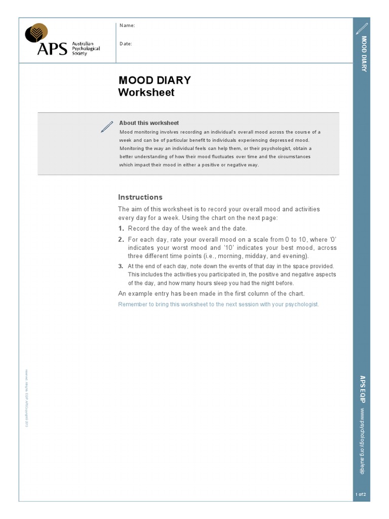 Mood Diary Worksheet | PDF | Mood (Psychology) | Mental Health