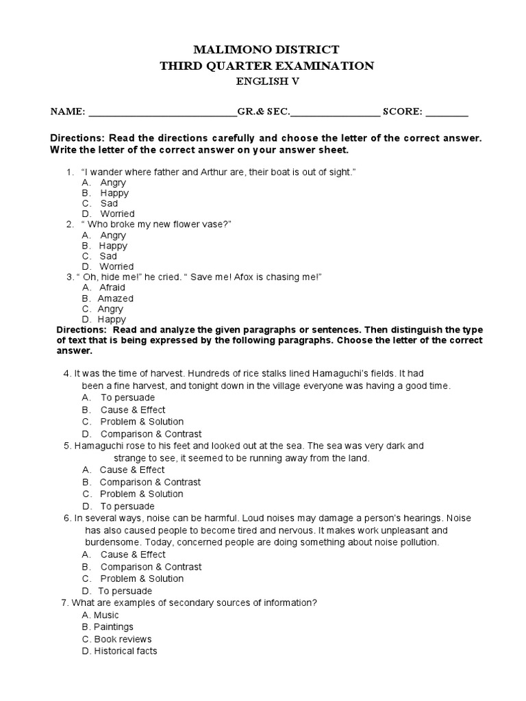 PT - English 5 - Q3 | PDF | Sentence (Linguistics) | Question
