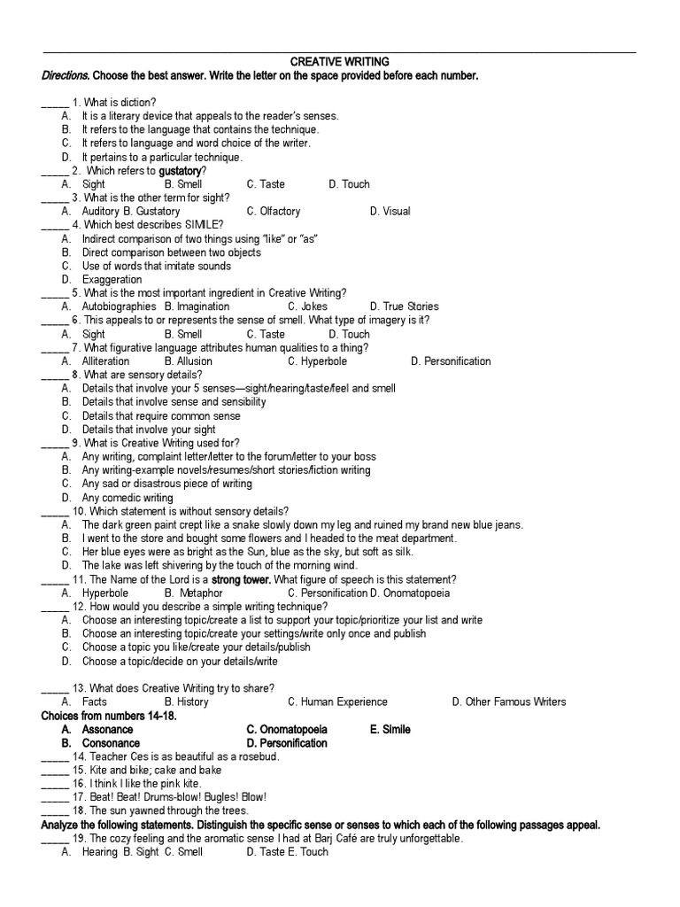 Creative Writing Techniques Quiz | PDF | Senses | Neuroscience