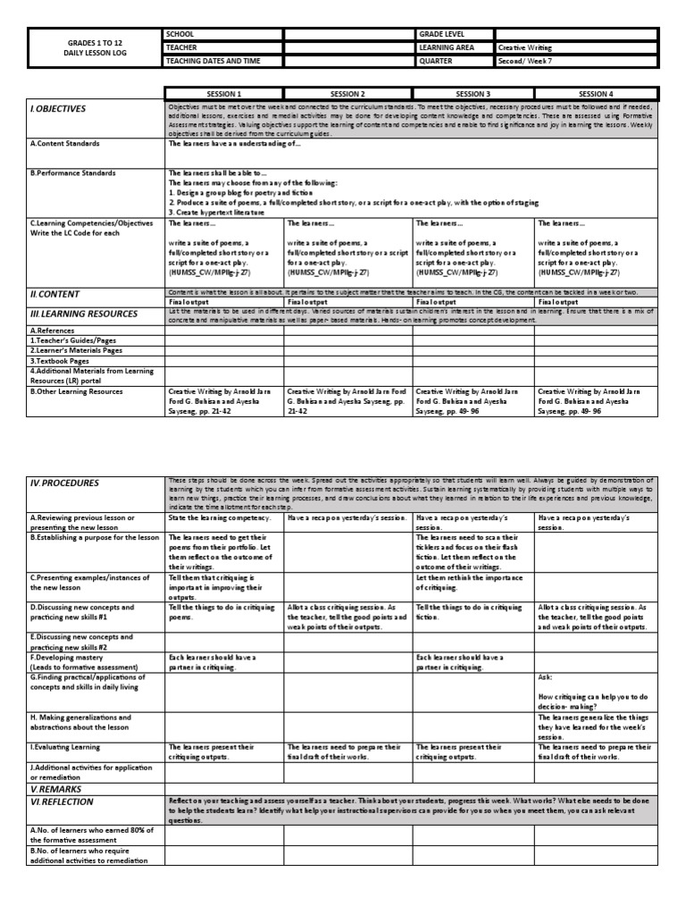 DLL Creative Writing Week 7 Q2 | PDF | Learning | Change