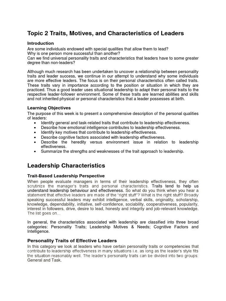 MGT536 - Week 2 Summary - Traits Motives and Characteristics of Leaders ...