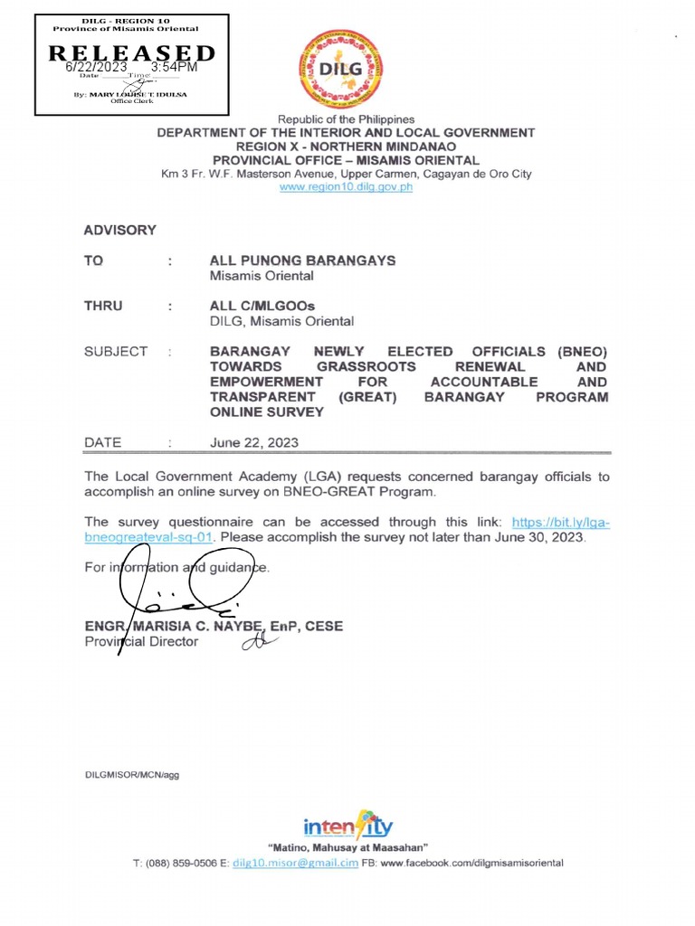 Bneo Towards Great Barangay Program Online Survey | PDF | Evaluation