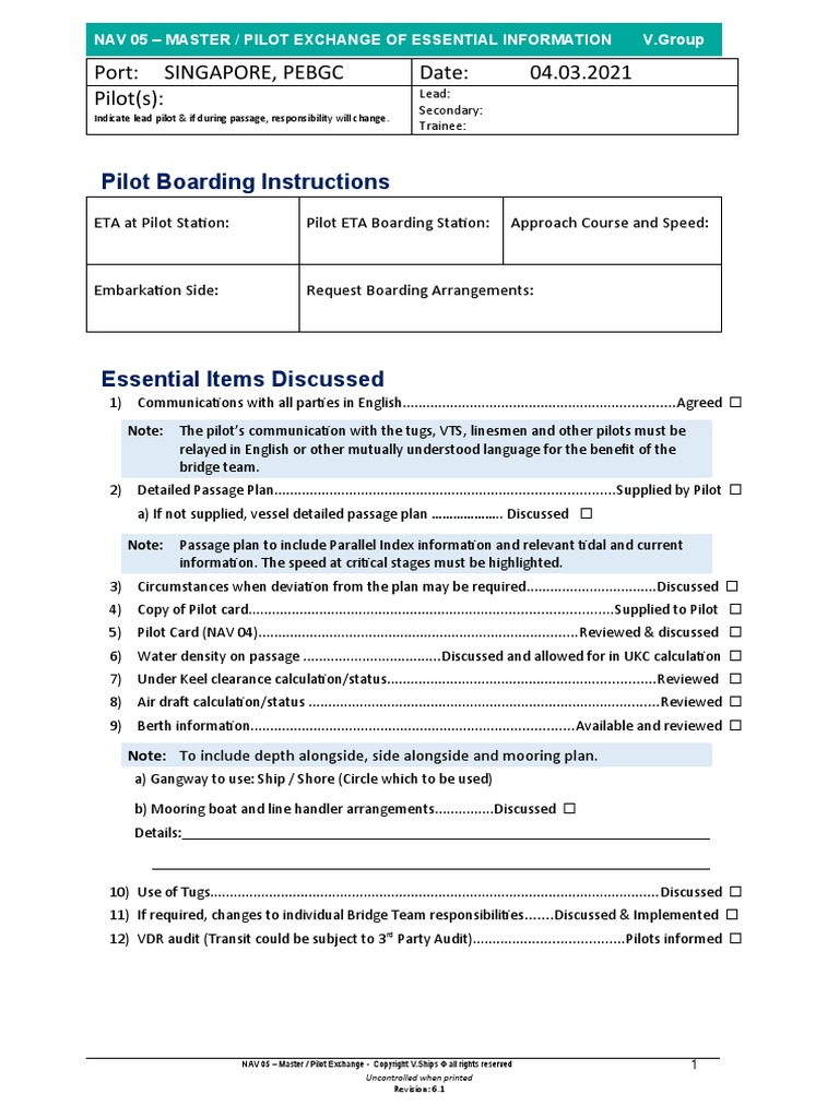Nav 05 - Master - Pilot Exchange of Essential Information | PDF | Shipping | Ships