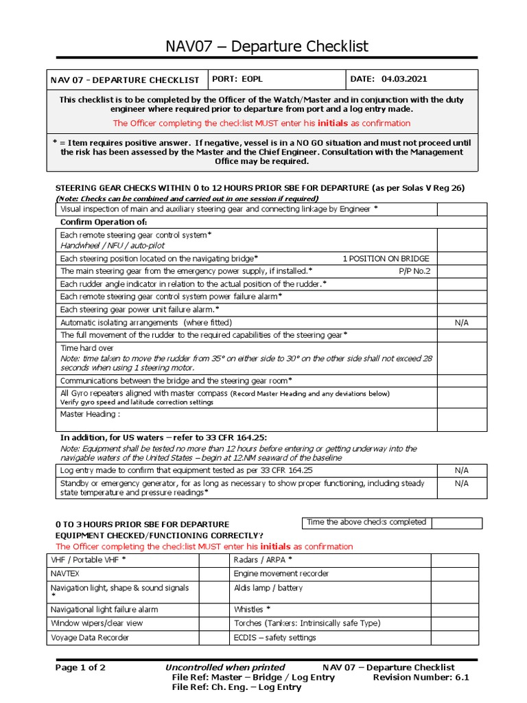Nav 07 - Departure Checklist | PDF | Rudder | Shipping