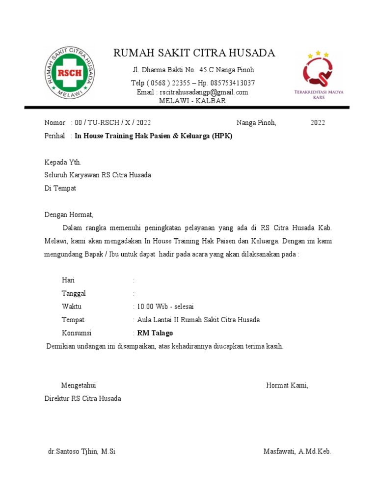 Undangan in House Training Pokja HPK | PDF