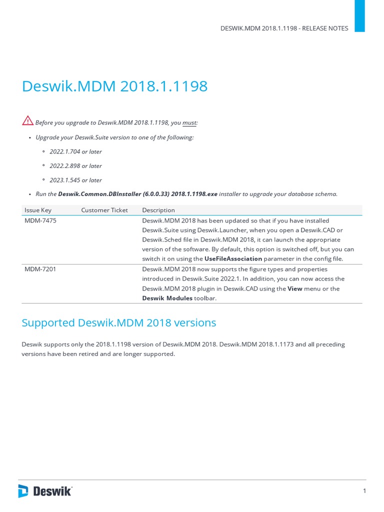 Deswik - MDM 2018.1.1198 Release Notes | PDF | Computers