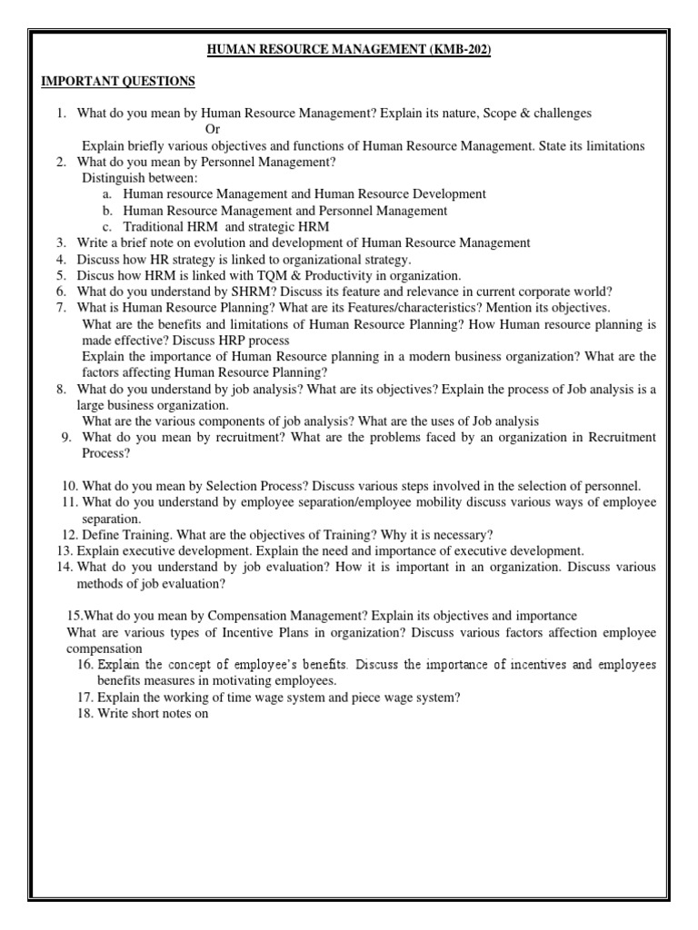 Question Bank (HRM) | PDF | Human Resource Management | Human Resources