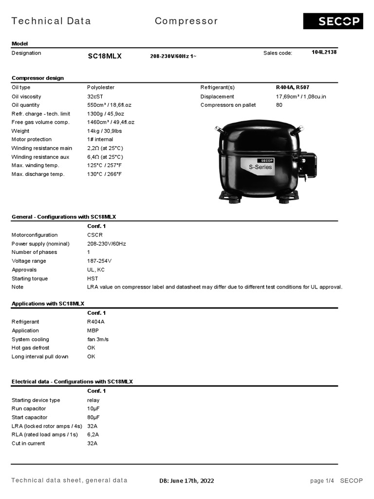 sc18mlx 104l2138 R404a-R507a 230v 60hz 06-2022 Ds | PDF | Capacitor ...