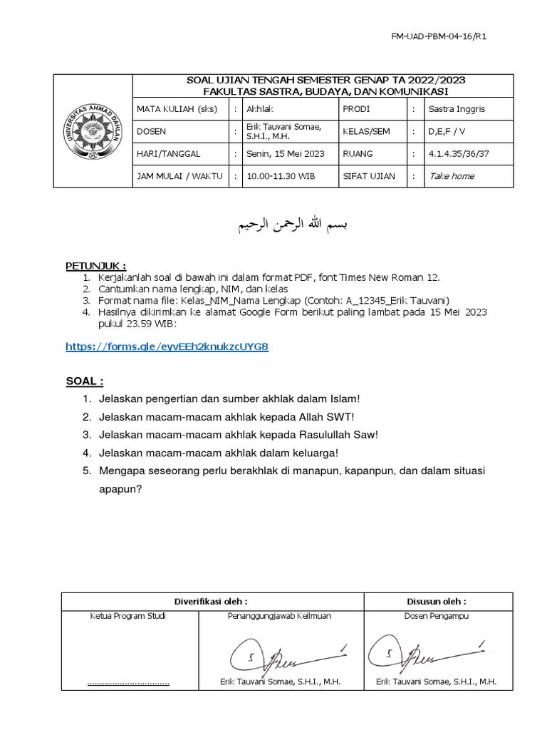 Soal UTS Akhlak Sasing | PDF
