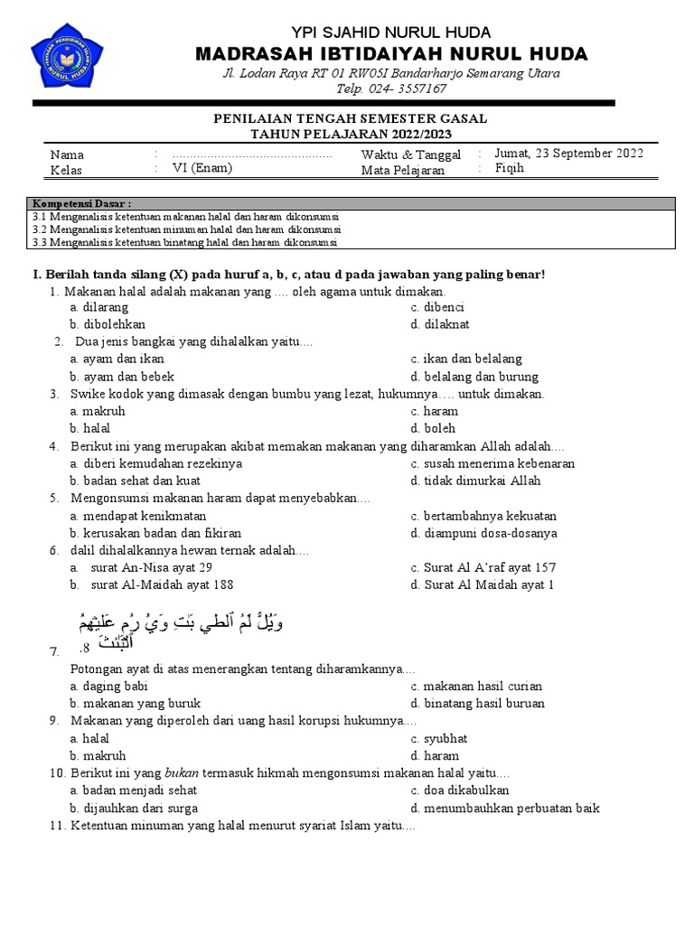 Soal Uts Gasal Fiqih Kelas 6 | PDF Soal Uts Gasal Fiqih Kelas 6 | PDF