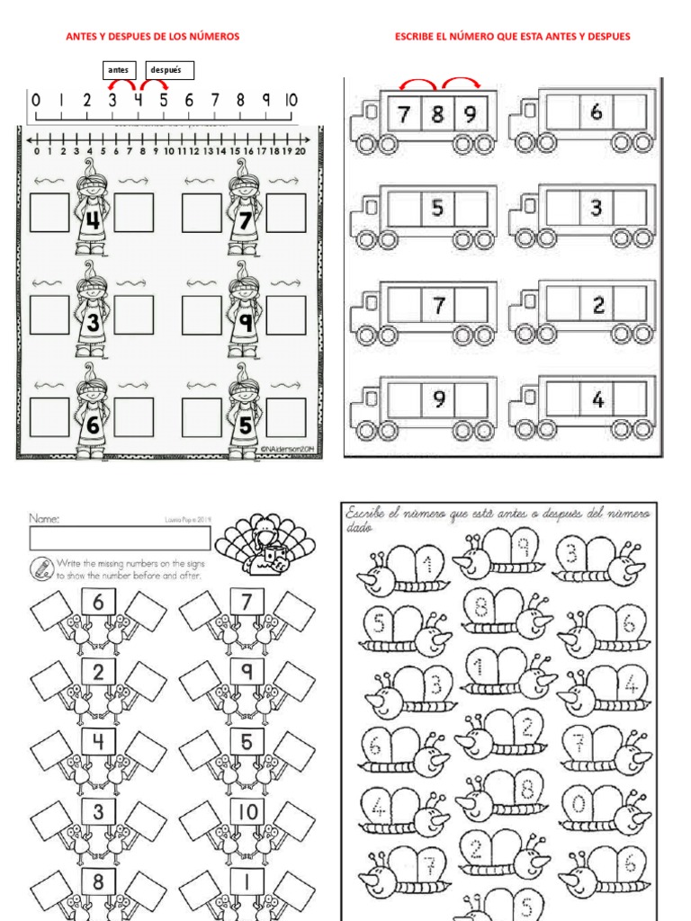 ANTES Y DESPUES DE LOS NÚMEROS ESCRIBE EL NÚMERO QUE ESTA ANTES Y ... ANTES Y DESPUES DE LOS NÚMEROS ESCRIBE EL NÚMERO QUE ESTA ANTES Y ...