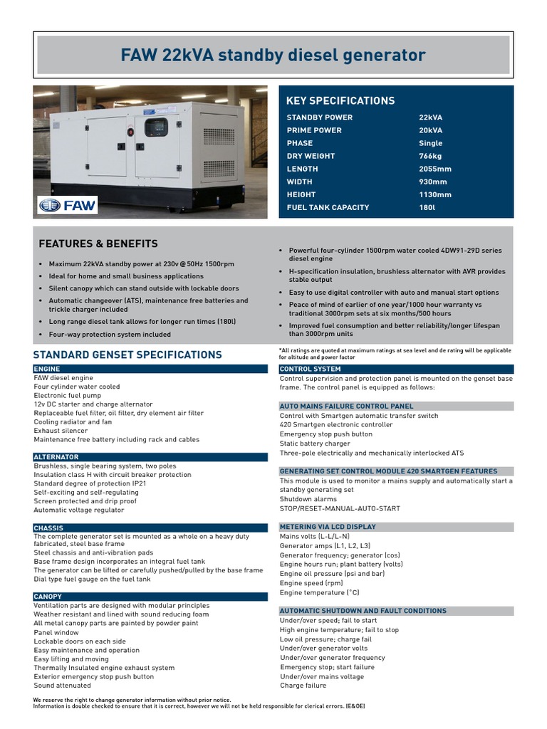 22 Kva Standby FAW | PDF | Diesel Engine | Electric Generator