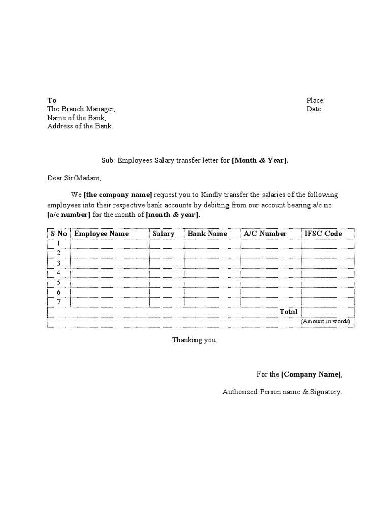 Salary Transfer Letter to Bank | PDF