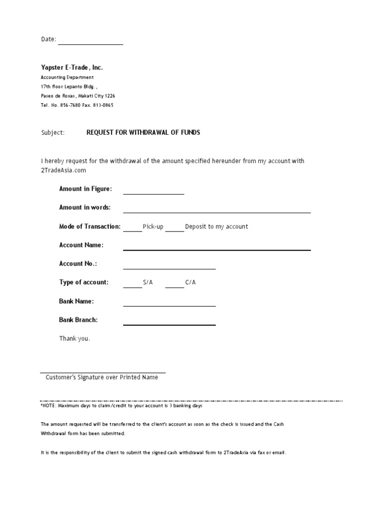 Cash Withdrawal Request Form | PDF
