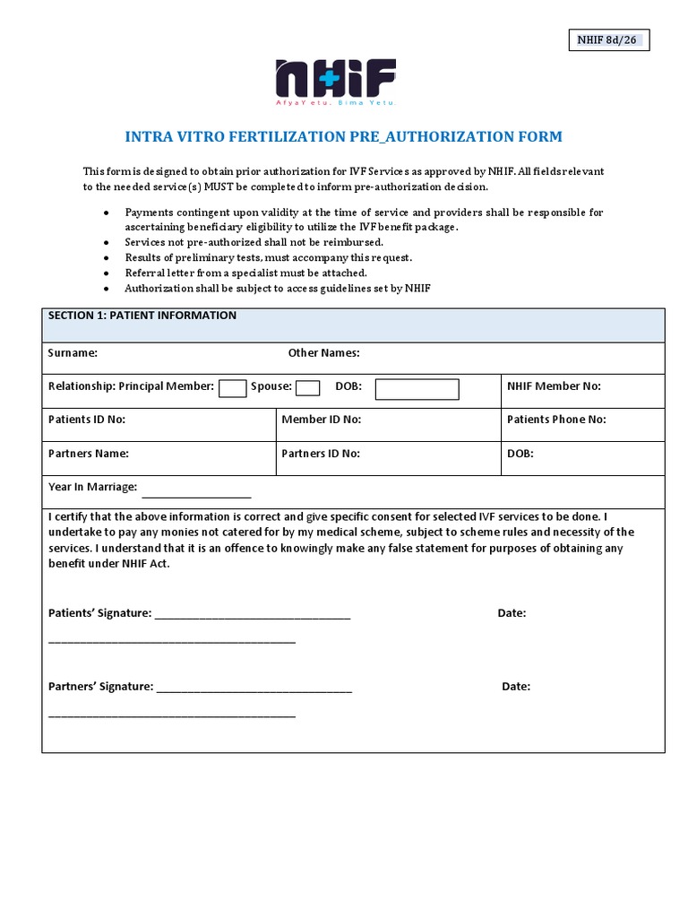 IVF Pre-Authorization Form NHIF | PDF | In Vitro Fertilisation ...