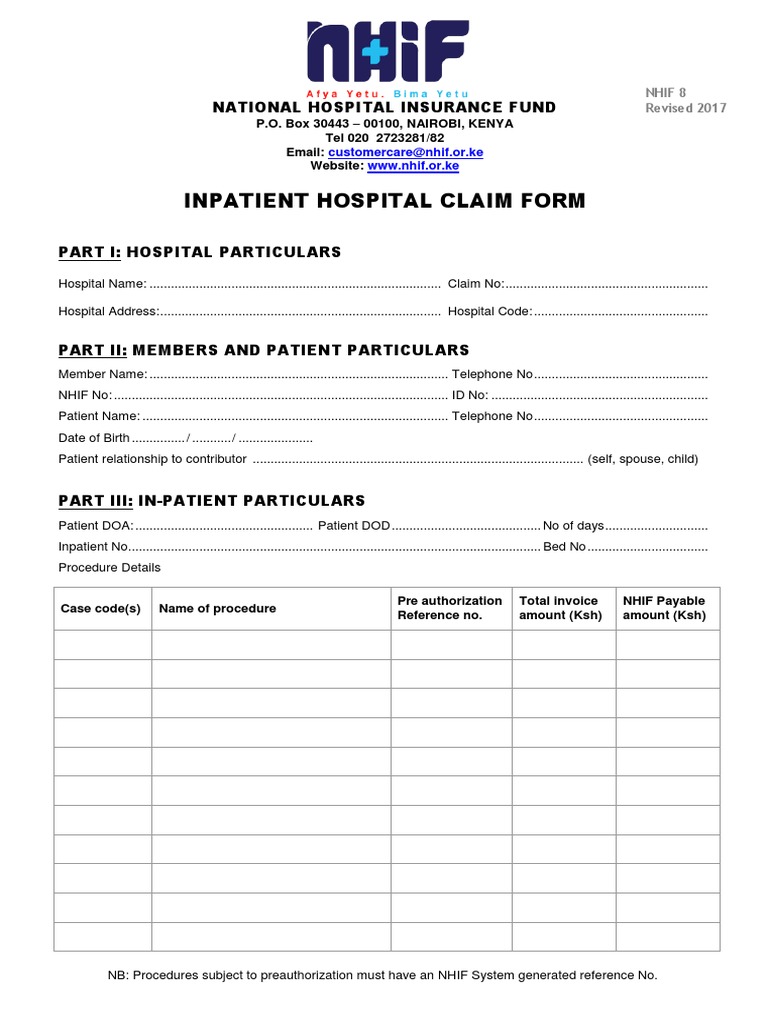 NHIF 8 Inpatient Hospital Claim Form | PDF | Patient | Hospital