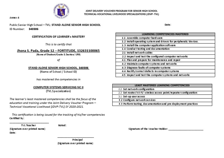 Annex-4-JDVP-Certificate-of-Learners-Mastery-01212020 | PDF | Computing ...