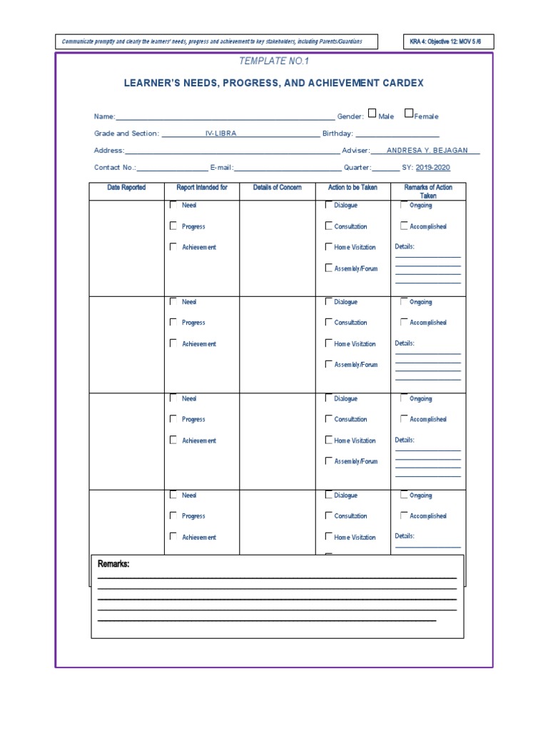 Anecdotal- Parents Communication Cardex Template | PDF