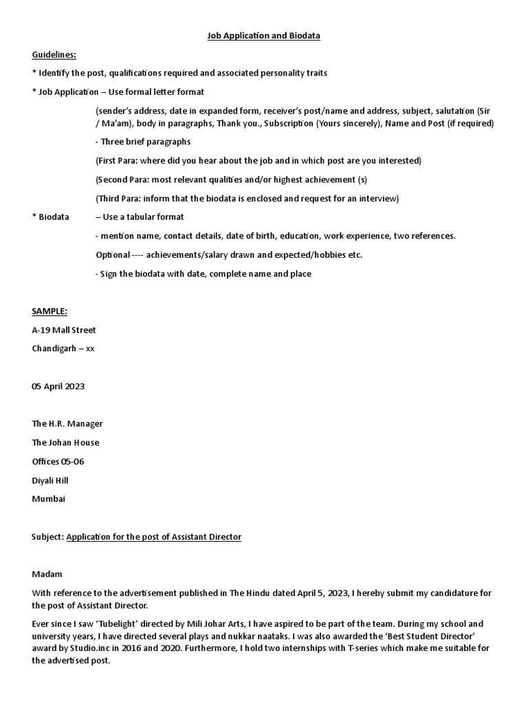 Job Application & Bio Data Notes & Sample | PDF