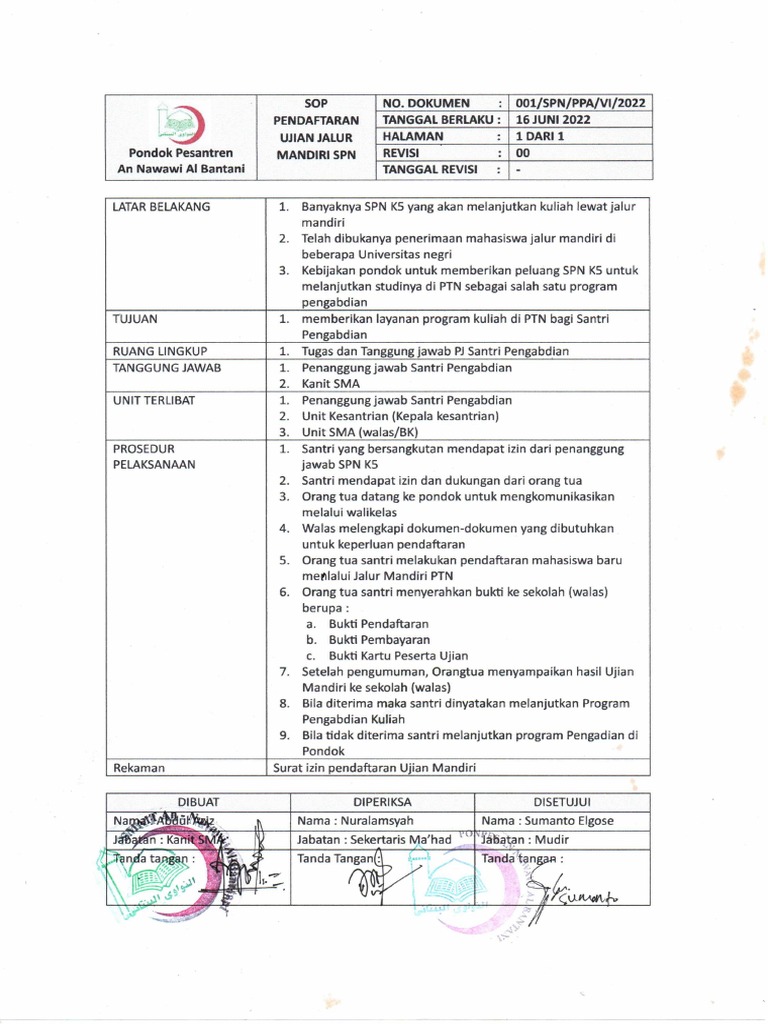 Sop Pendaftaran Ujian Jalur Mandiri SPN | PDF