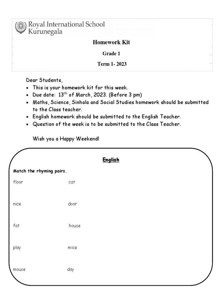 Grade 01 - Homework Kit | PDF
