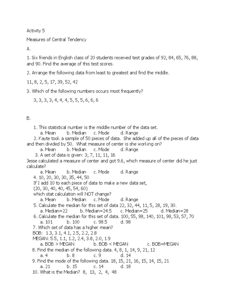 Worksheet On Measures of Central Tendency | PDF | Mean | Mode (Statistics)