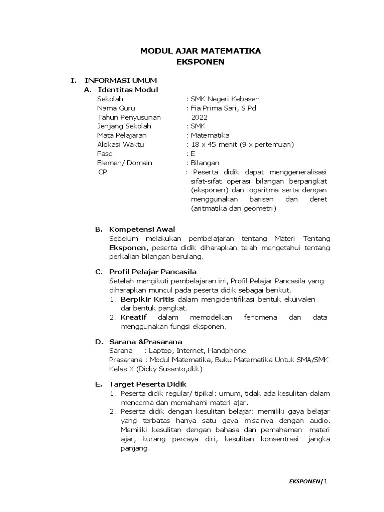 Modul Ajar Eksponen | PDF