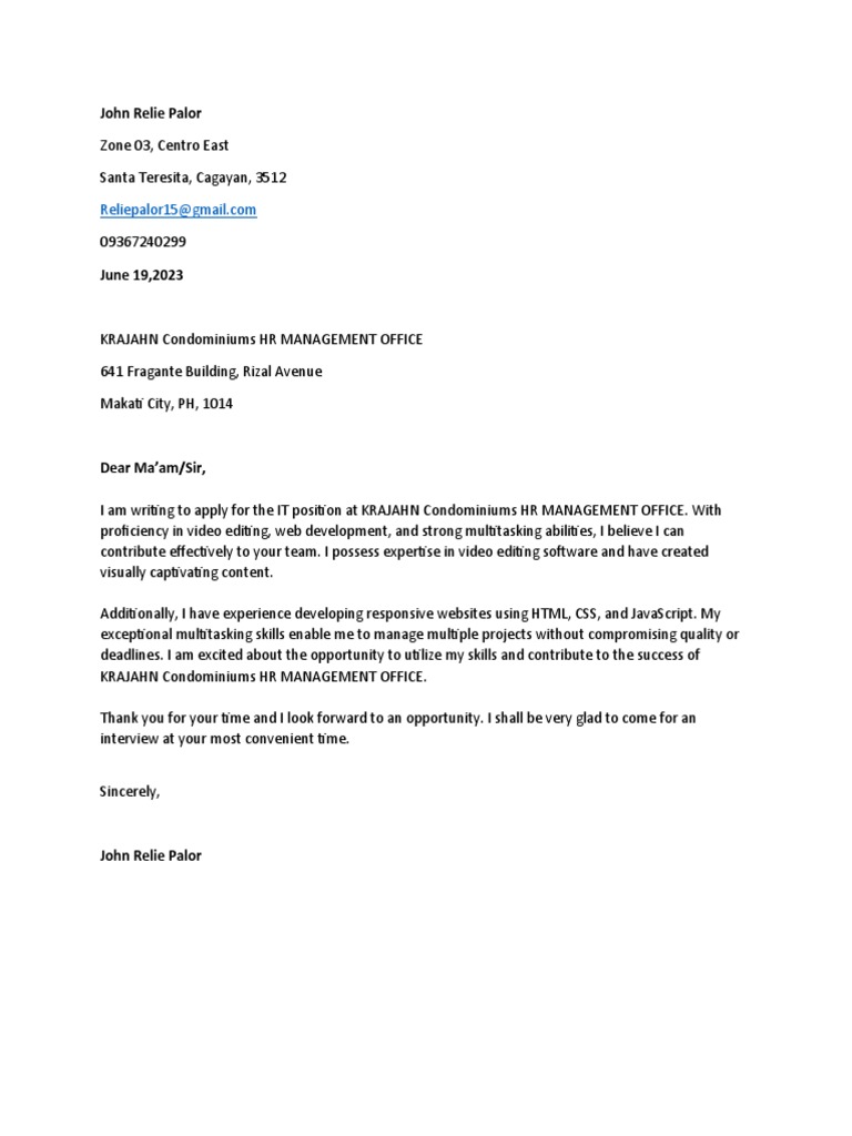 Application Letter | PDF | Communication | Cognition