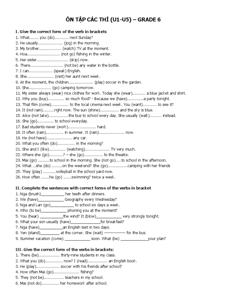 ÔN TẬP CÁC THÌ (U1-U5) | PDF