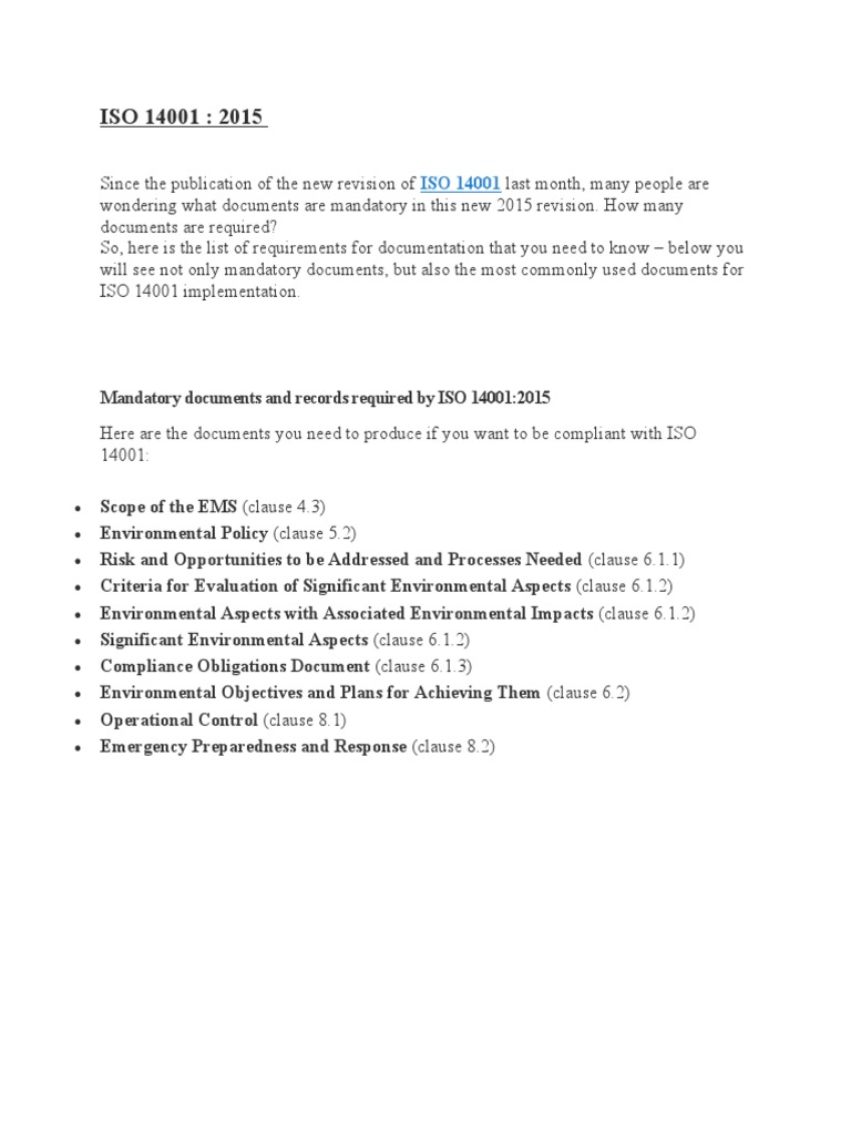 Iso 14001 - 2015 Mandatory Documents Final | PDF | Internal Audit ...