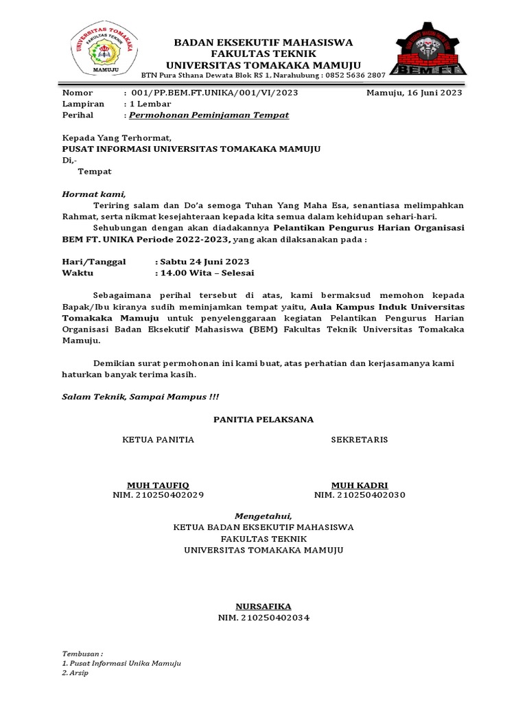 Permohonan Peminjaman Aula BEM FT UNIKA | PDF