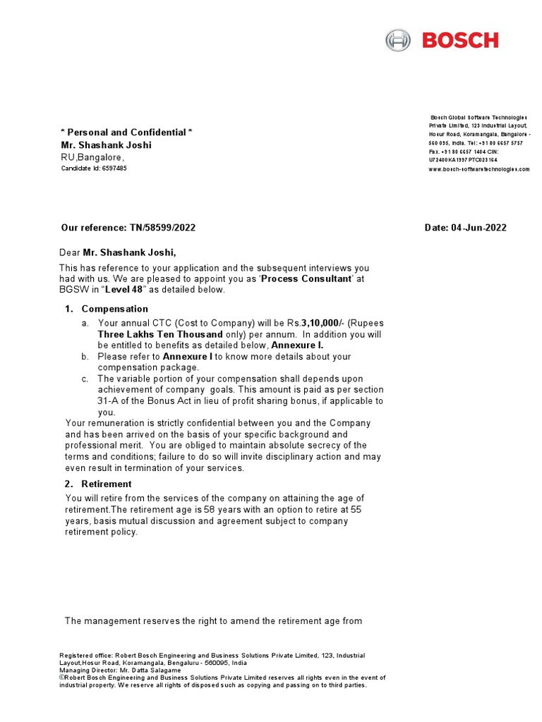 Shashank Joshi - Bosch - 0 - 59273 | PDF | Employment | Compensation And Benefits