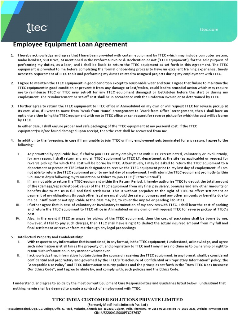 TTEC Candidate Equipment Loan Agreement WFH - V4 | PDF | Employment ...