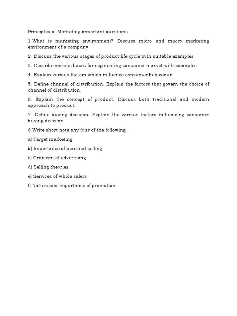 Principles of Marketing Important Questions | PDF
