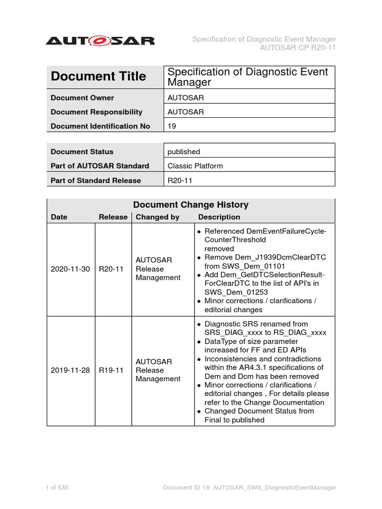 AUTOSAR SWS DiagnosticEventManager | PDF | Specification (Technical ...