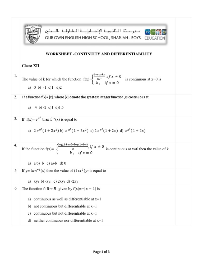 Worksheet - Continuity and Differentiability | Download Free PDF | Function (Mathematics ...