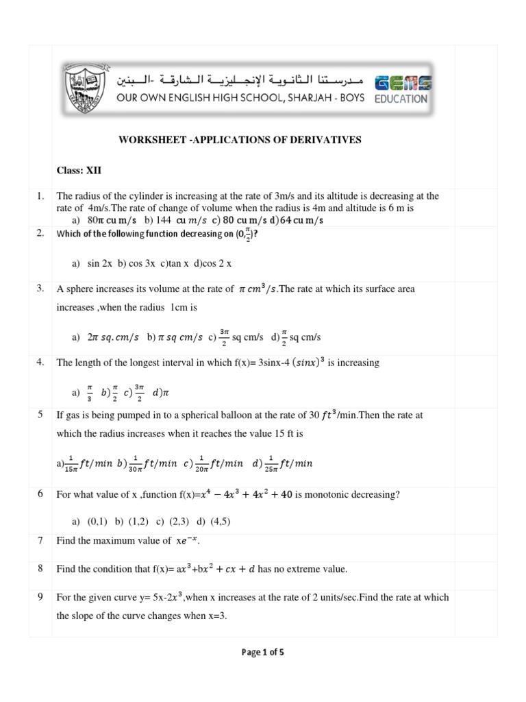 Applications of Derivatives Worksheet | PDF | Length | Maxima And Minima