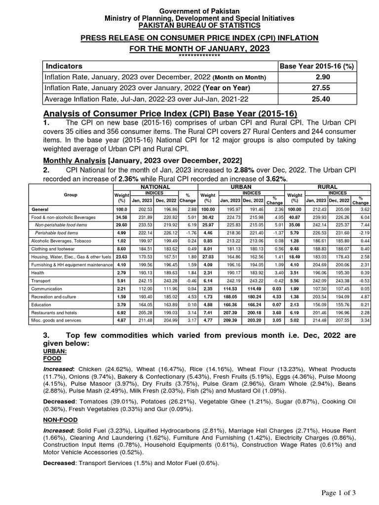 CPI Press Release January 2023 by Bureau of Statistics | Download Free PDF | Consumer Price ...