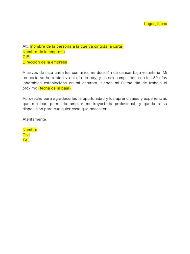 Carta de Baja Voluntaria Con Preaviso | PDF