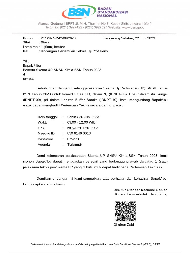 Undangan Pertemuan Teknis Skema Uji Profisiensi SNSU-BSN 2023 | PDF