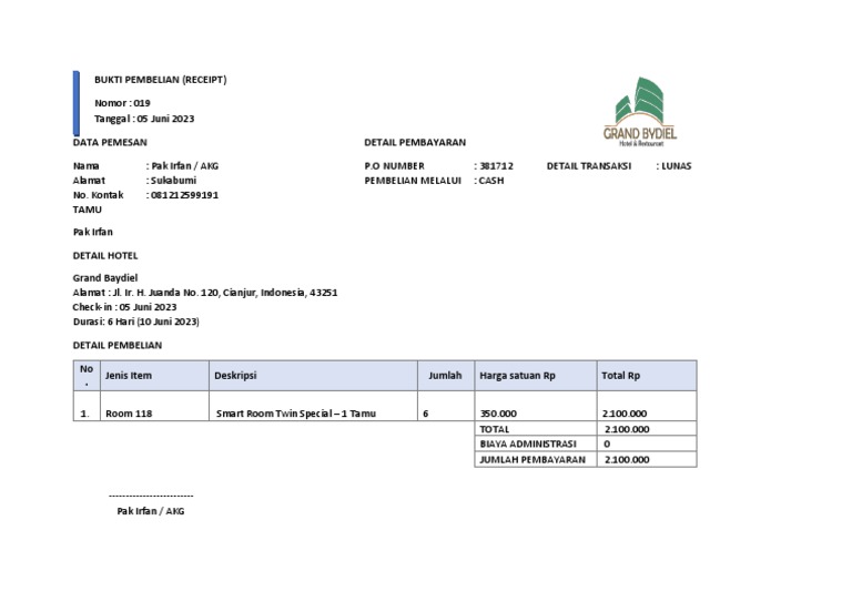Nota Hotel Grand Baydiel Pak Irfan 2 | PDF
