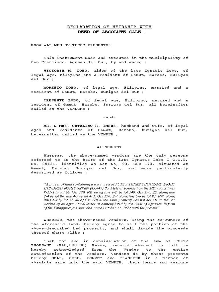 Declaration of Heirship W DOS (Lobo) | PDF | Environmental Law | Common Law Declaration of Heirship W DOS (Lobo) | PDF | Environmental Law | Common Law