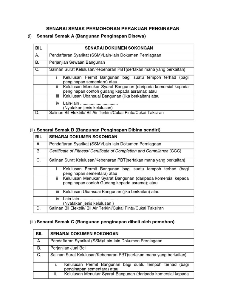 Senarai Semak Permohonan Perakuan Penginapan | PDF